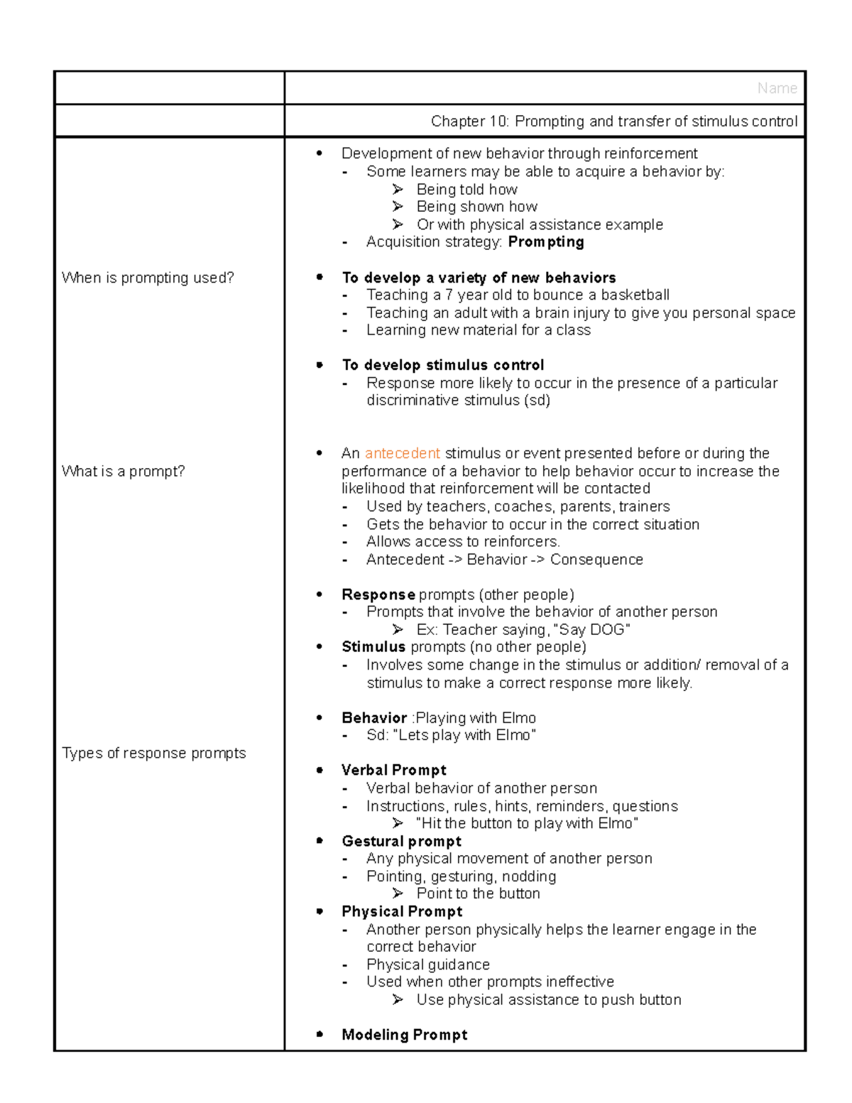 Chapter 10- prompting and transfer - Antecedent Behavior Consequence ...