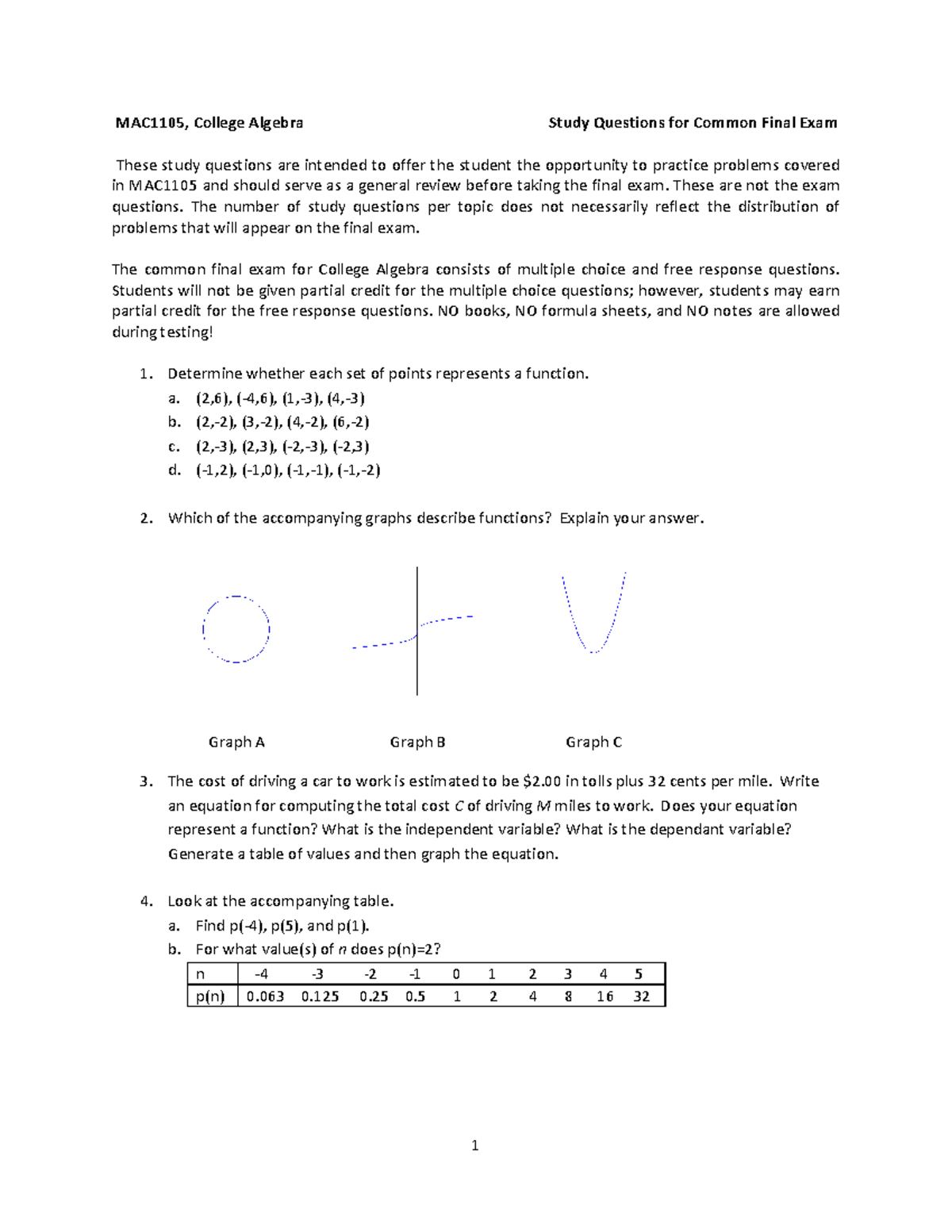 MAC1105 final exam Study Guide - MAC1105, College Algebra Study Questions for Common Final Exam ...
