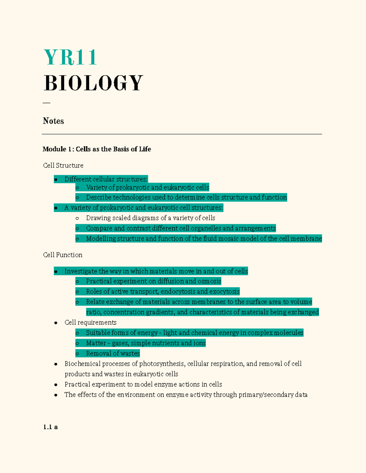 Bio Notes module 1,2,4 - YR BIOLOGY ___ Notes Module 1: Cells as the ...