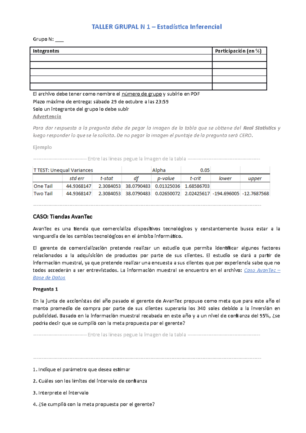 Taller Grupal N 1 - Estadística Inferencial - TALLER GRUPAL N 1 – Estadística Inferencial Grupo ...