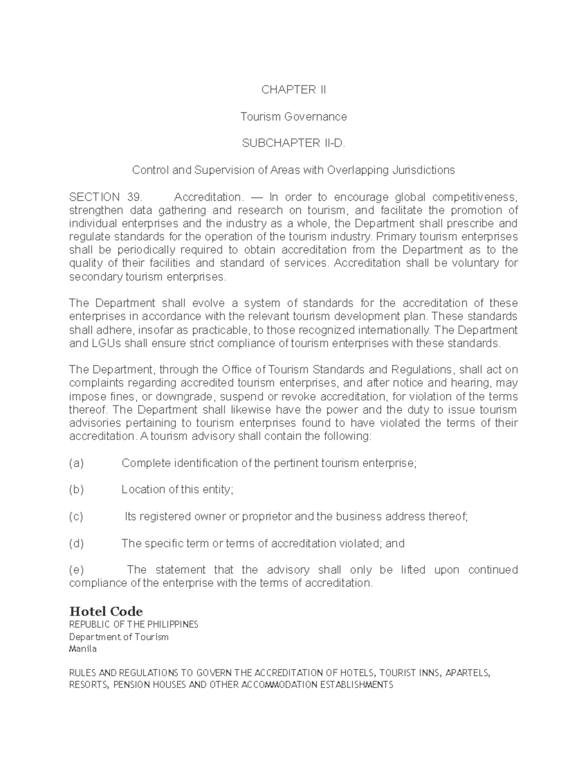 Accreditation of Hotels and Tourism Establishments - CHAPTER II Tourism ...