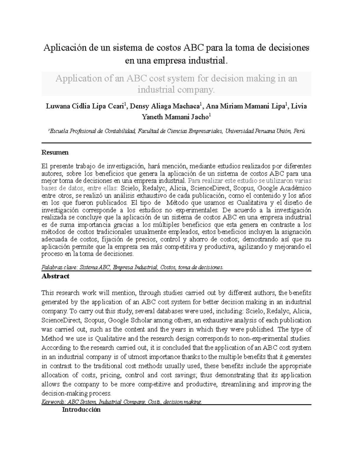 Sistema ABC - Aplicación de un sistema de costos ABC para la toma de decisiones en una empresa ...