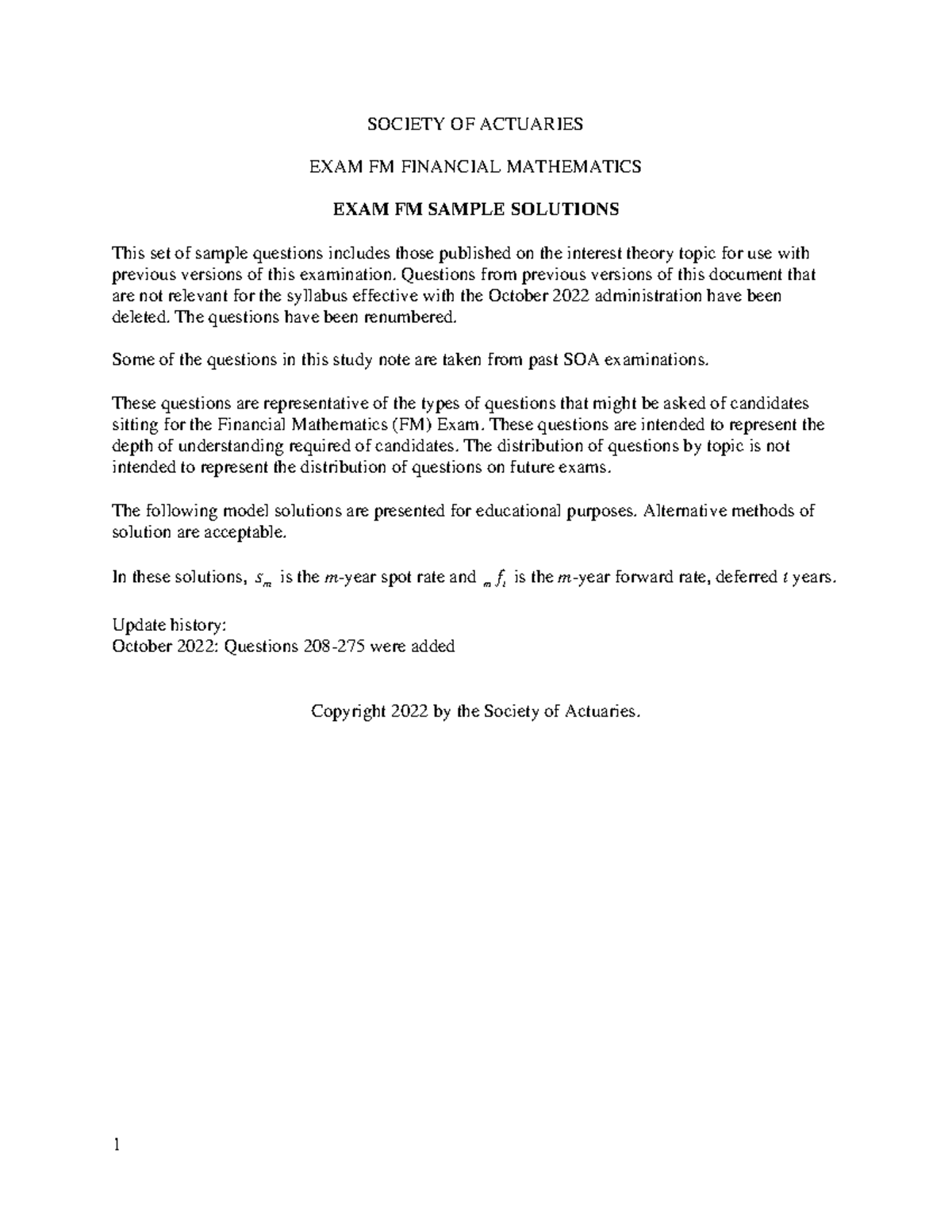 Sample-solutions - ... - ####### SOCIETY OF ACTUARIES ####### EXAM FM ...