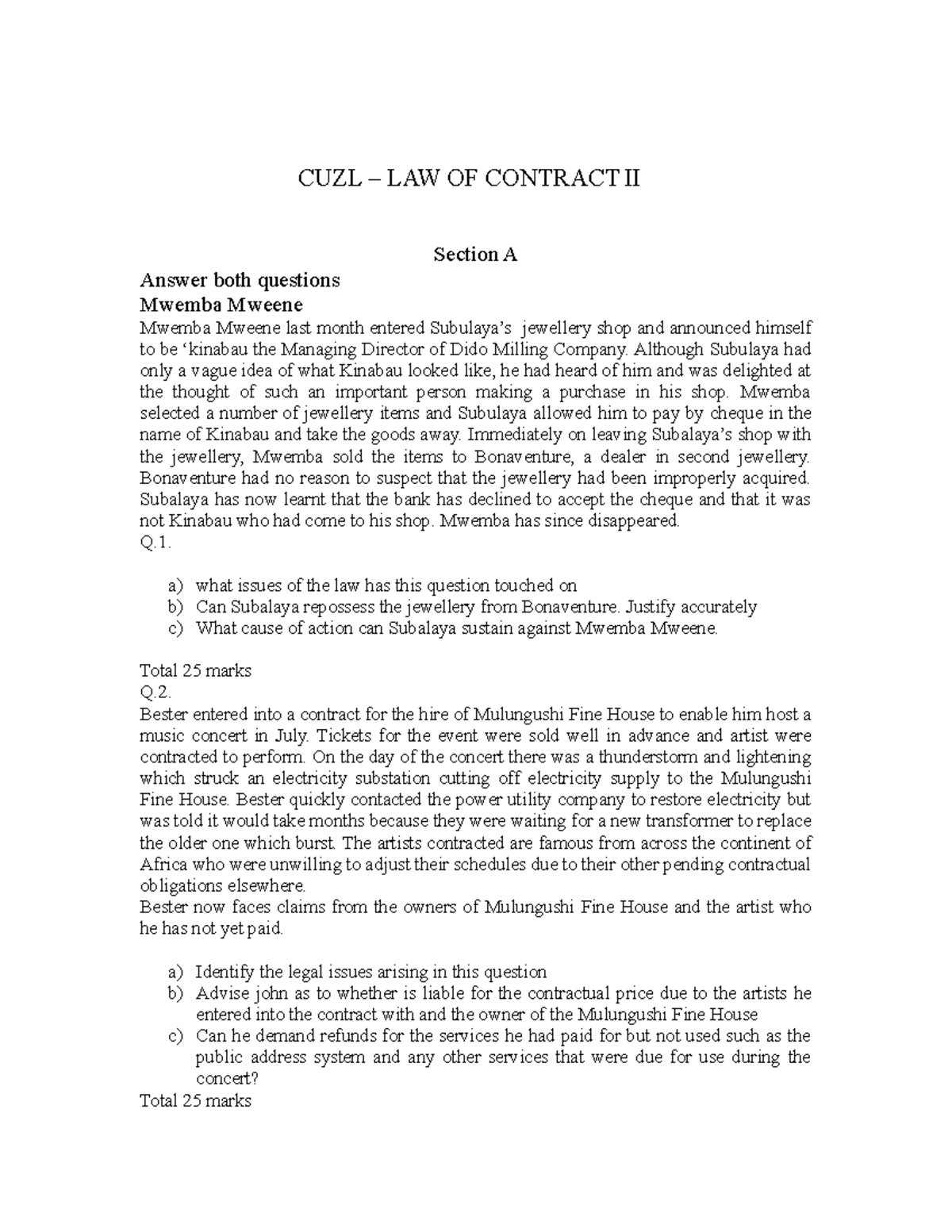 CUZL 222- LAW OF Contract II - CUZL – LAW OF CONTRACT II Section A ...
