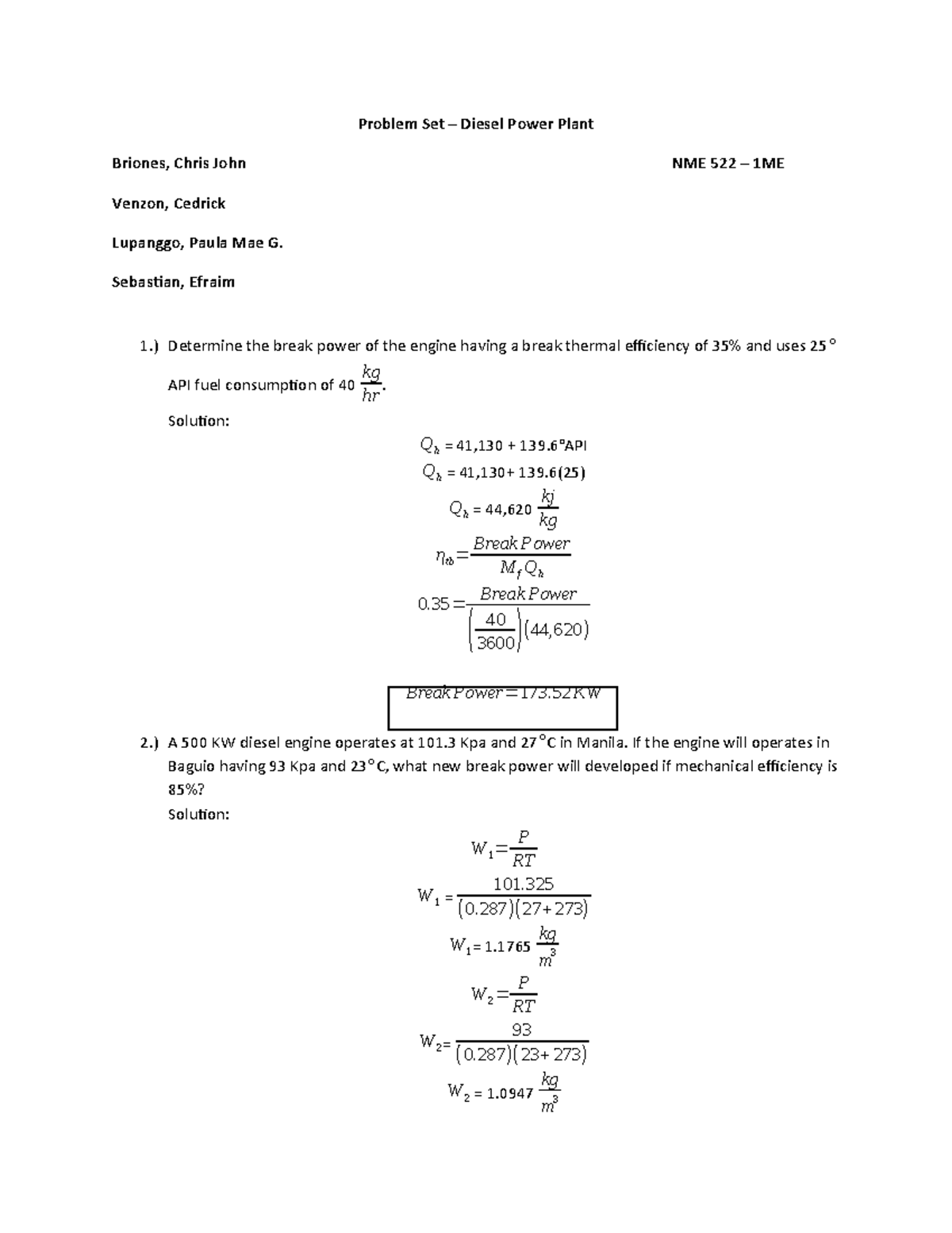 Pdfcoffee - It’s good fir exam - Problem Set – Diesel Power Plant ...