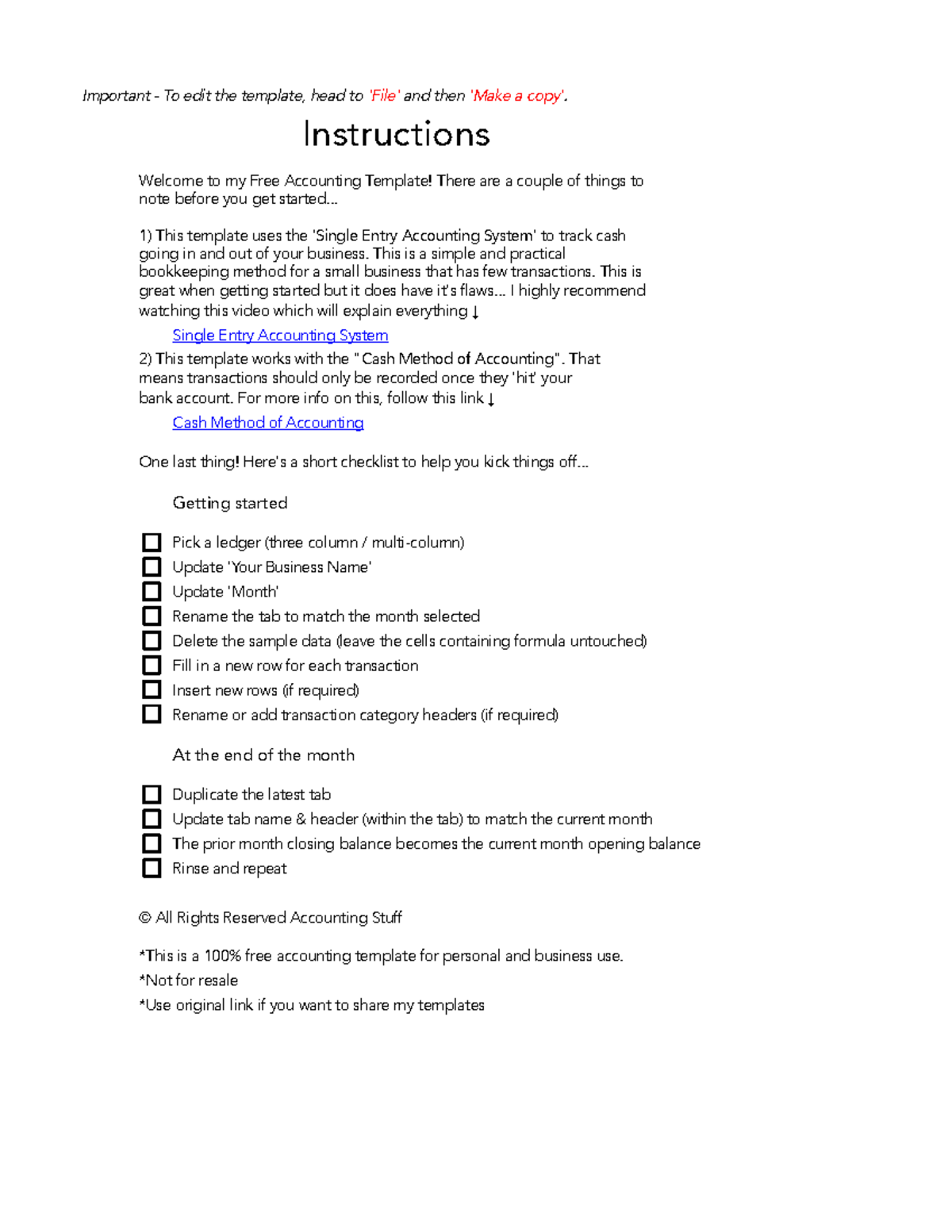 Free Accounting Template - Important - To edit the template, head to ...