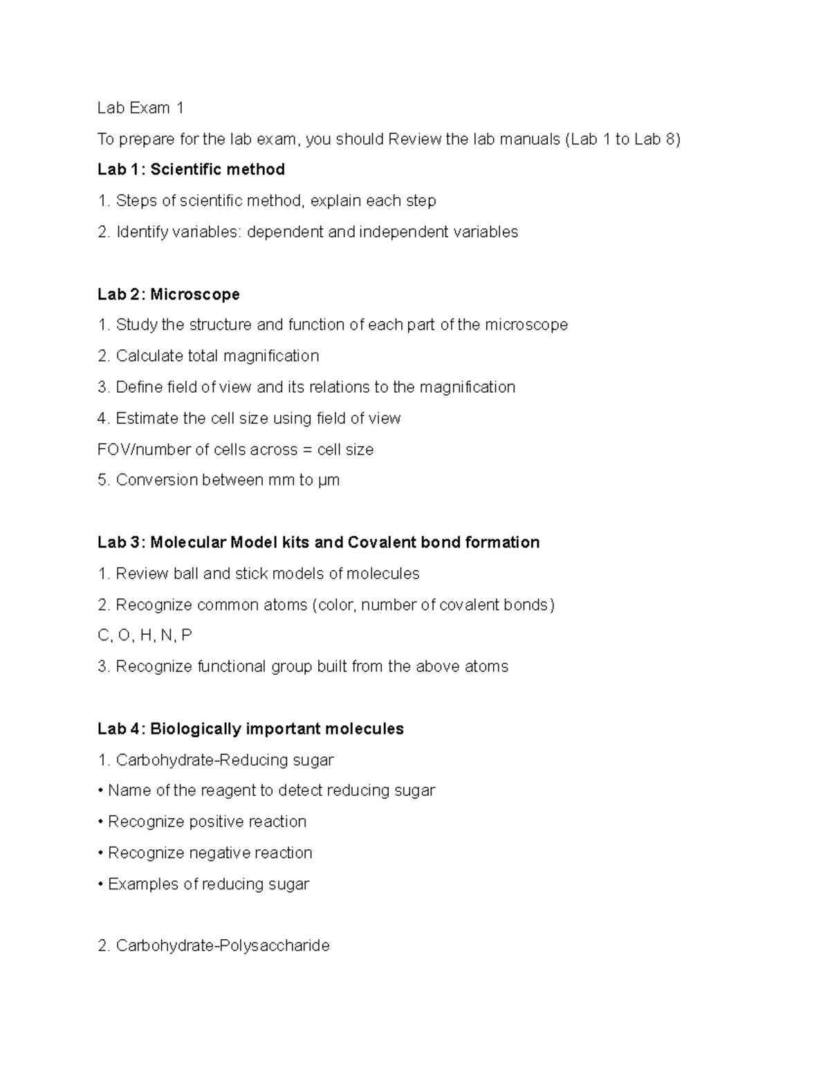 Lab Exam 1 Study Guide Fall2022BS - Lab Exam 1 To prepare for the lab ...
