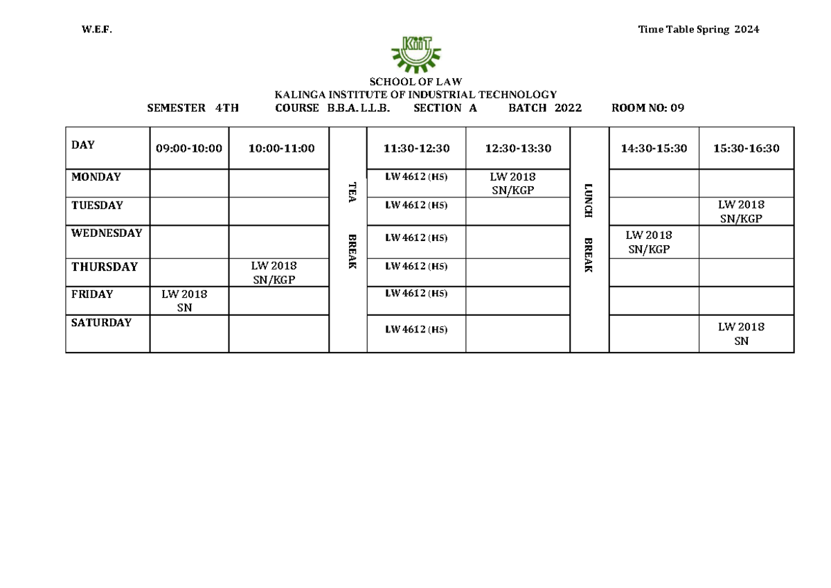 4TH SEM TIME Table 2022 - ajajajaj - W.E. Time Table Spring 2024 SCHOOL ...
