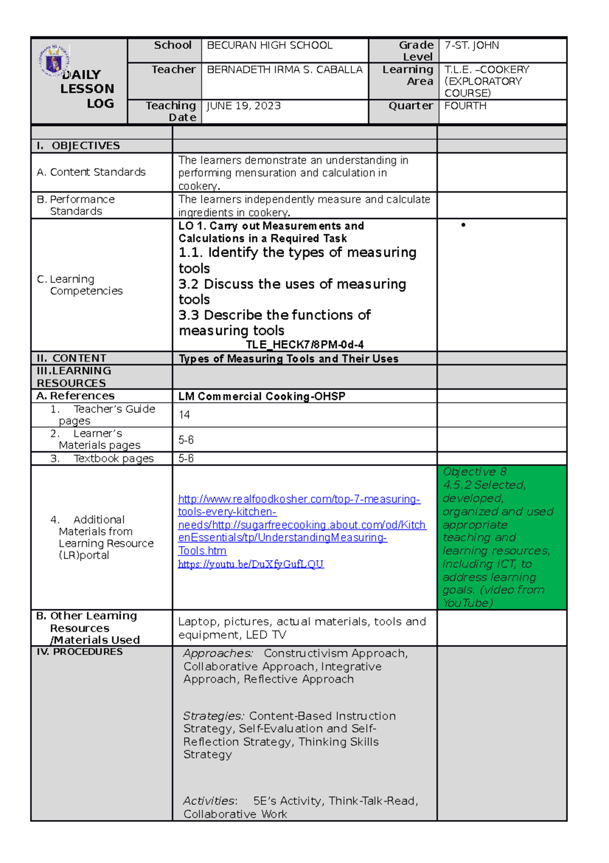 DLL Cookery FOR COT - daily lesson log - DAILY LESSON LOG School ...