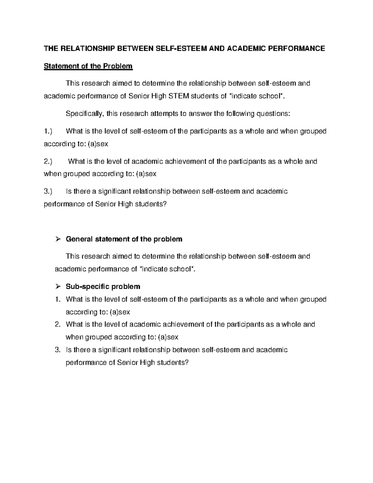 Sub Specific Problem Example - THE RELATIONSHIP BETWEEN SELF-ESTEEM AND ...