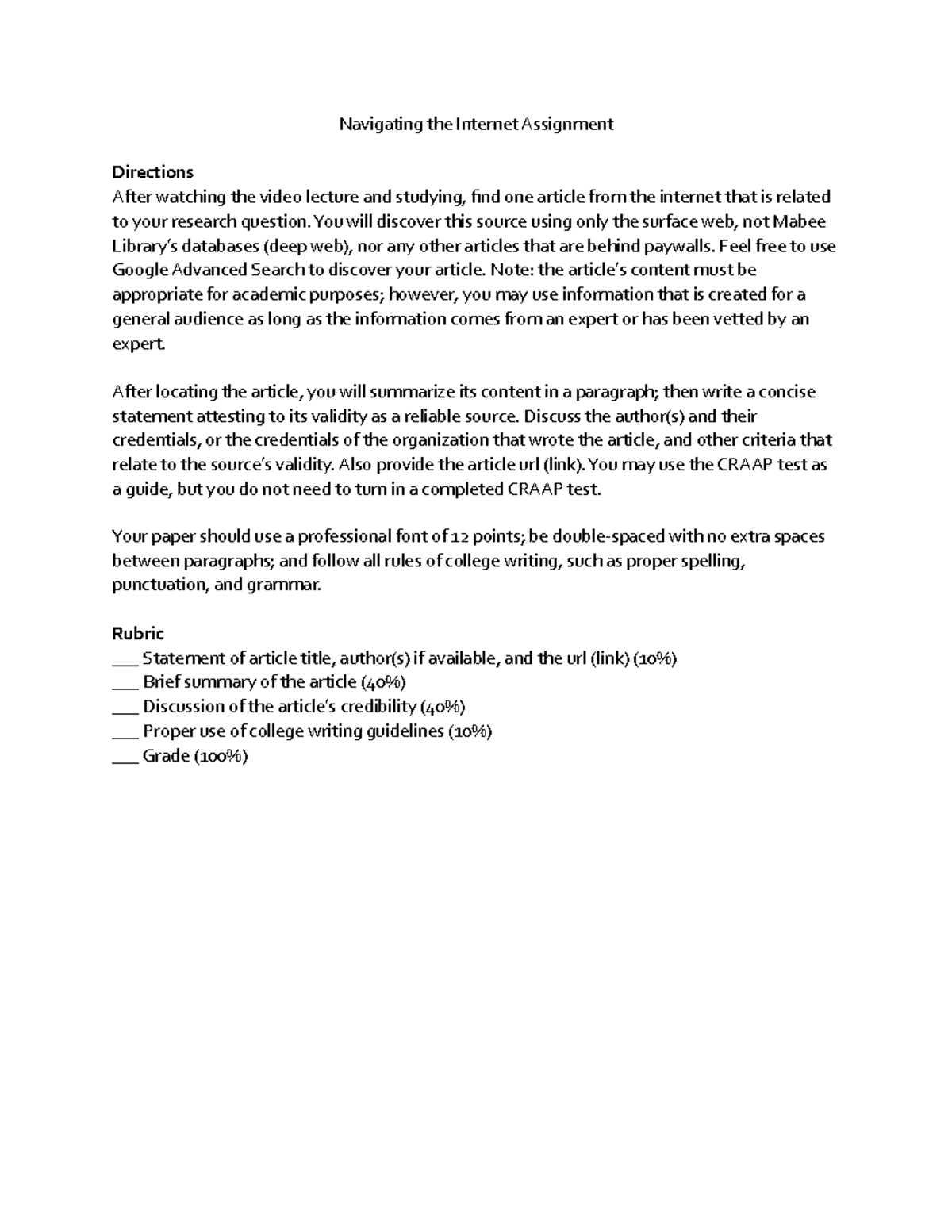 Navigating the Internet Assignment - Navigating the Internet Assignment ...