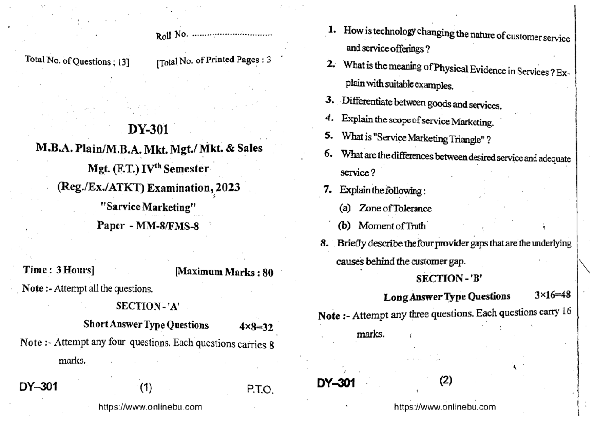 Mba 4 sem service marketing dy 301 2023 - MBA - Studocu