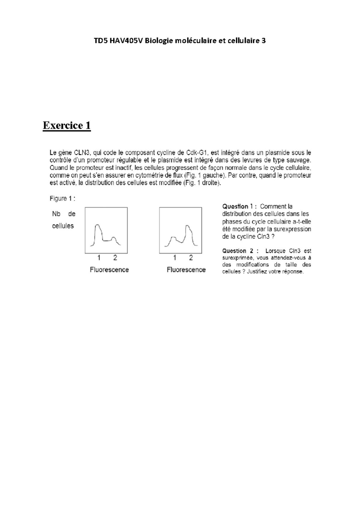 HAV401V TD cycle cellulaire - Biologie cellulaire - TD5 HAV405V Biologie moléculaire et ...