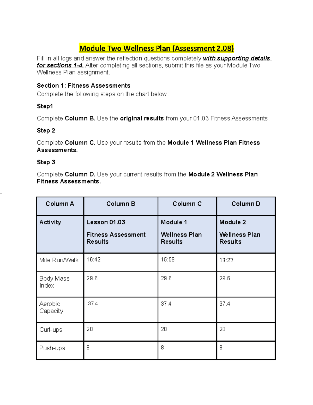 Module Two Wellness Plan - After completing all sections, submit this ...