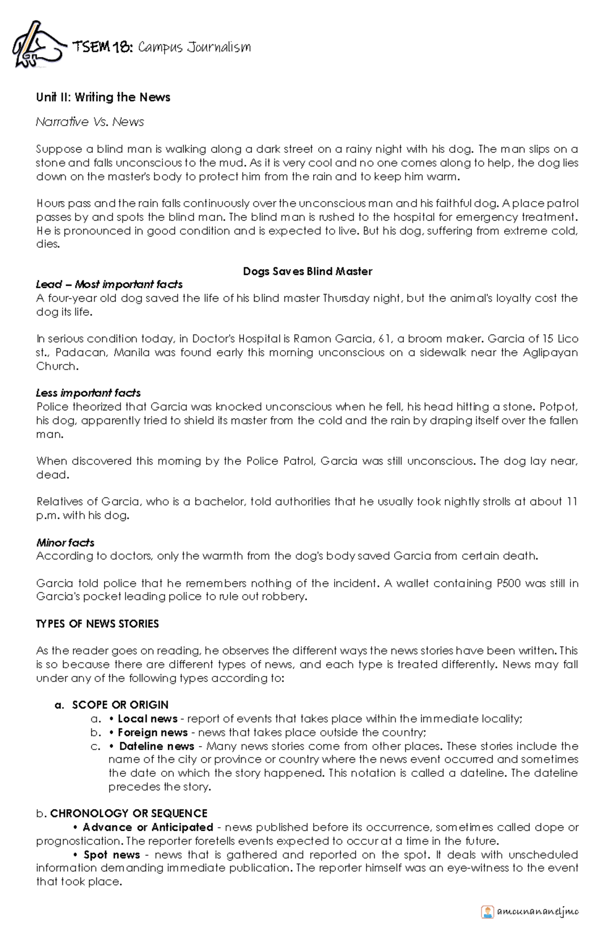 Unit II Writing the News - TSEM 18 : Campus Journalism Unit II: Writing ...