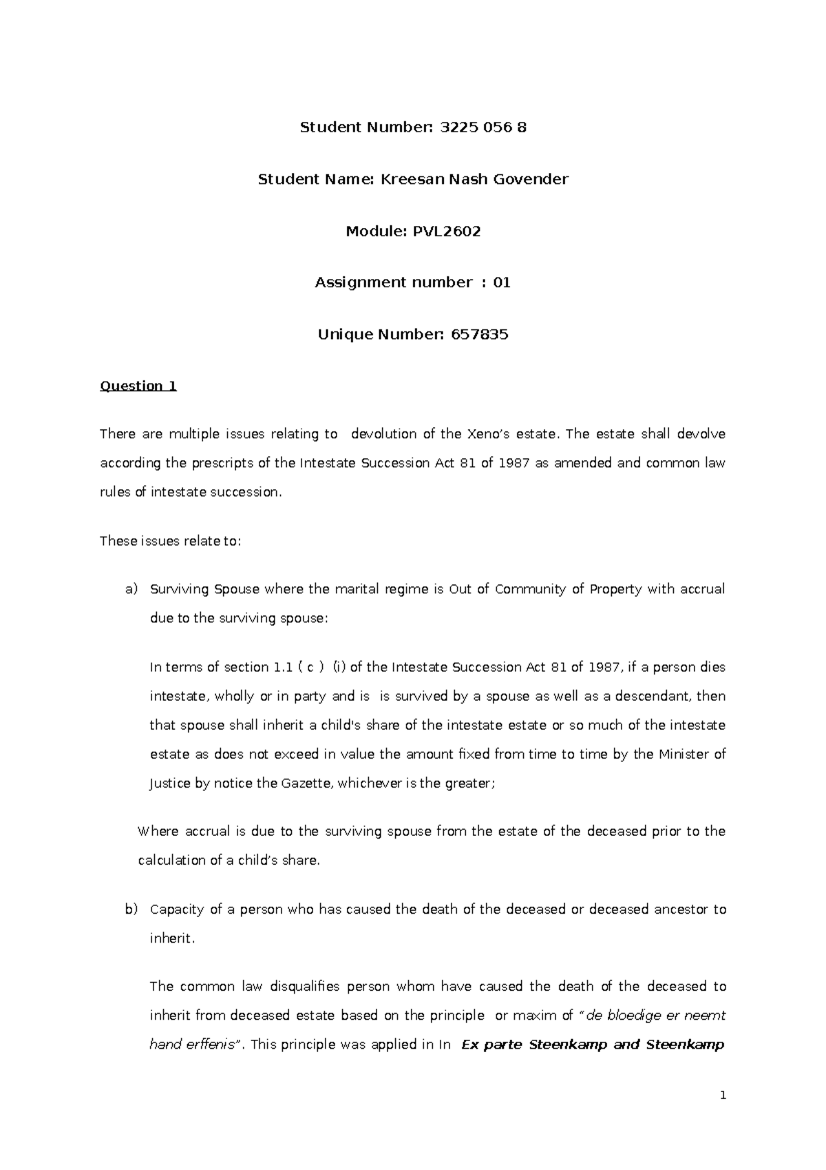 Updated Assignment 1 PVL26012 11092020 - Student Number: 3225 056 8 ...