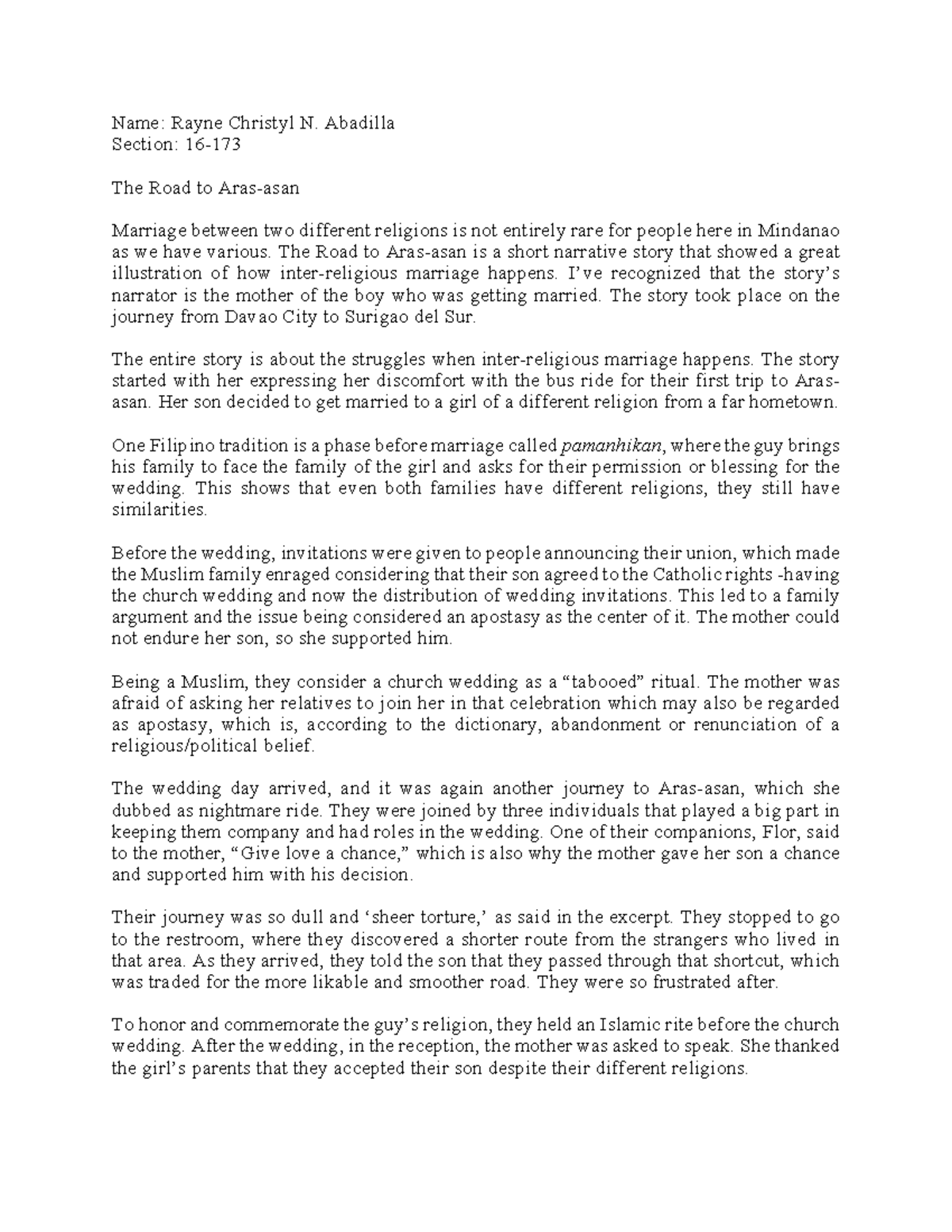 Literary Analysis Paper - Name: Rayne Christyl N. Abadilla Section: 16 ...