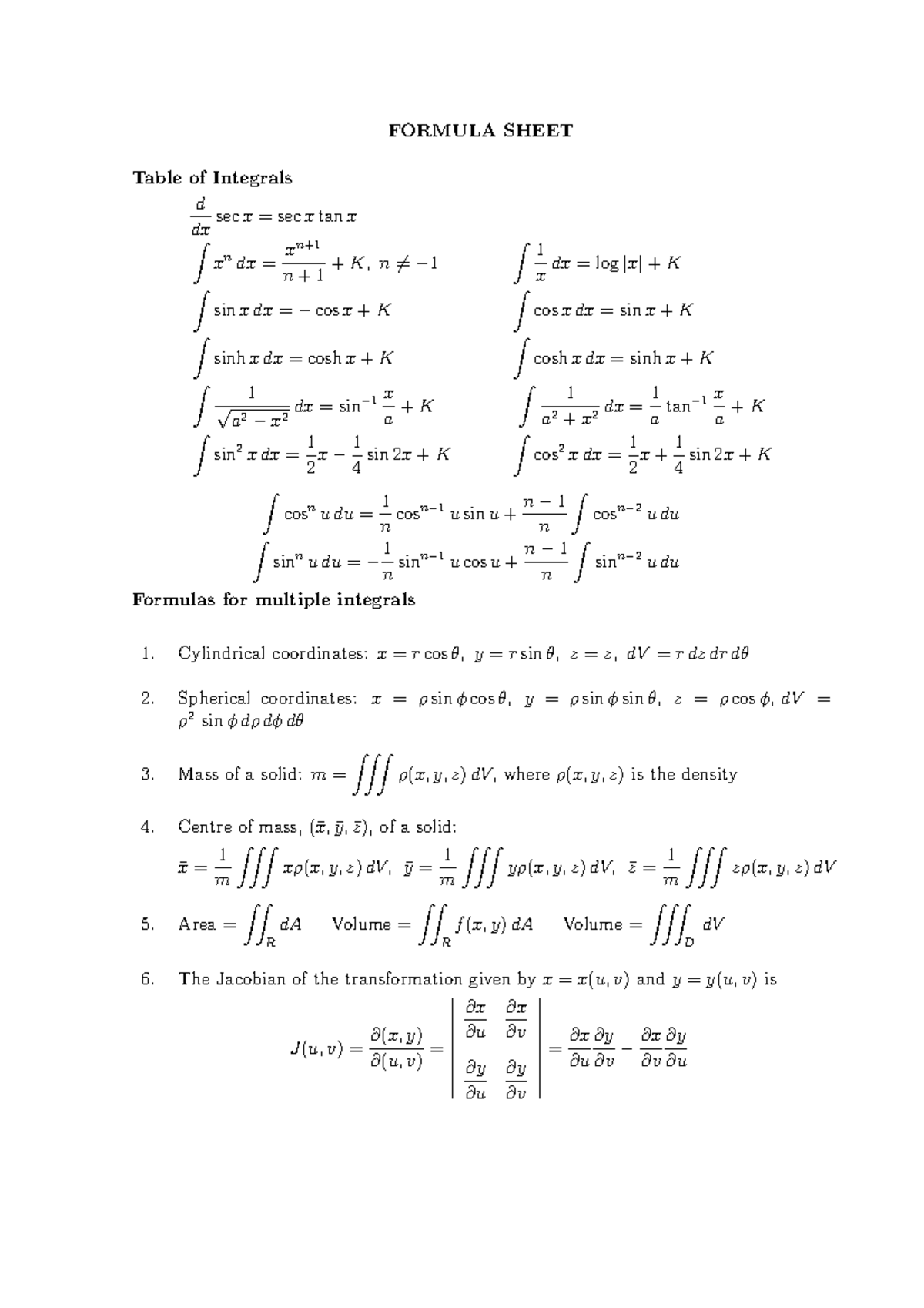 MM2 Formula Sheet - Warning: TT: undefined function: 32 FORMULA SHEET Table of Integrals d dx ...