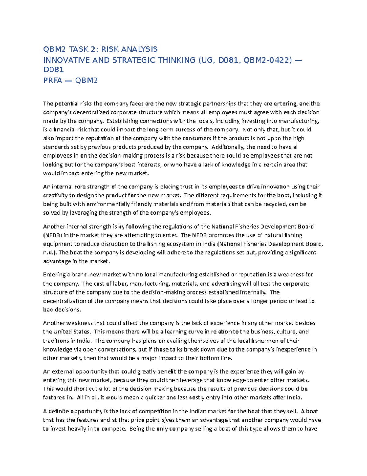 QBM2 TASK 2 RISK Analysis - QBM2 TASK 2: RISK ANALYSIS INNOVATIVE AND ...