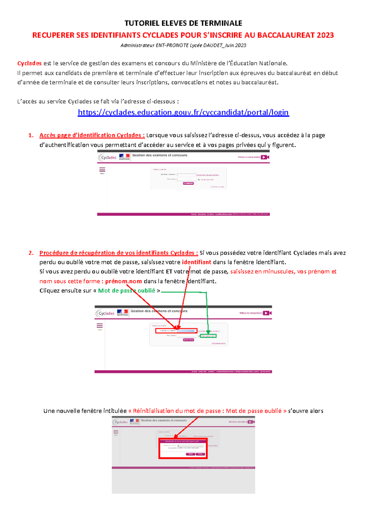 Tutoriel Eleves DE Terminale Récupérer ses identifiants Cyclades - TUTORIEL ELEVES DE TERMINALE ...