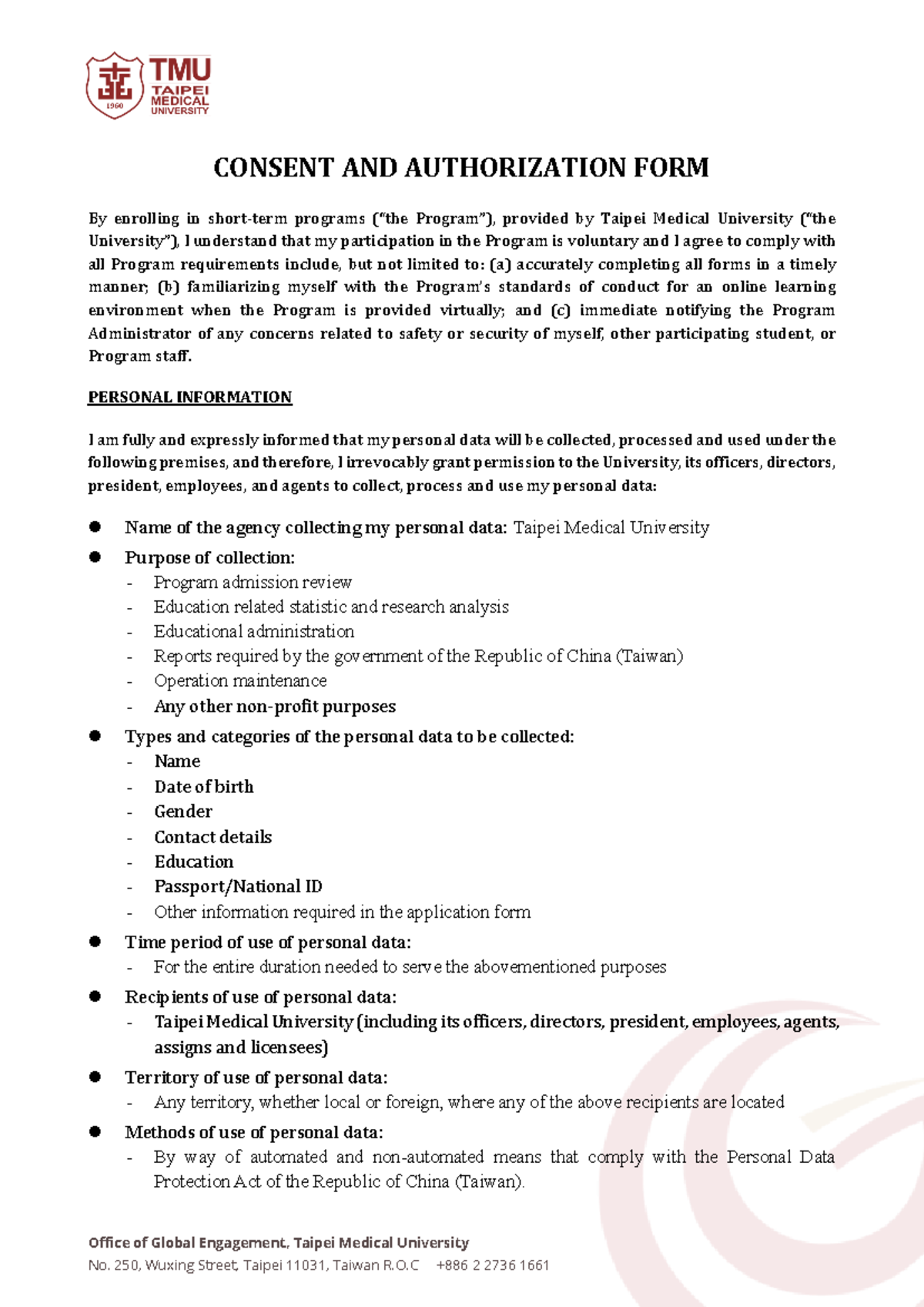 Student Consent AND Authorization FORM - Office of Global Engagement ...