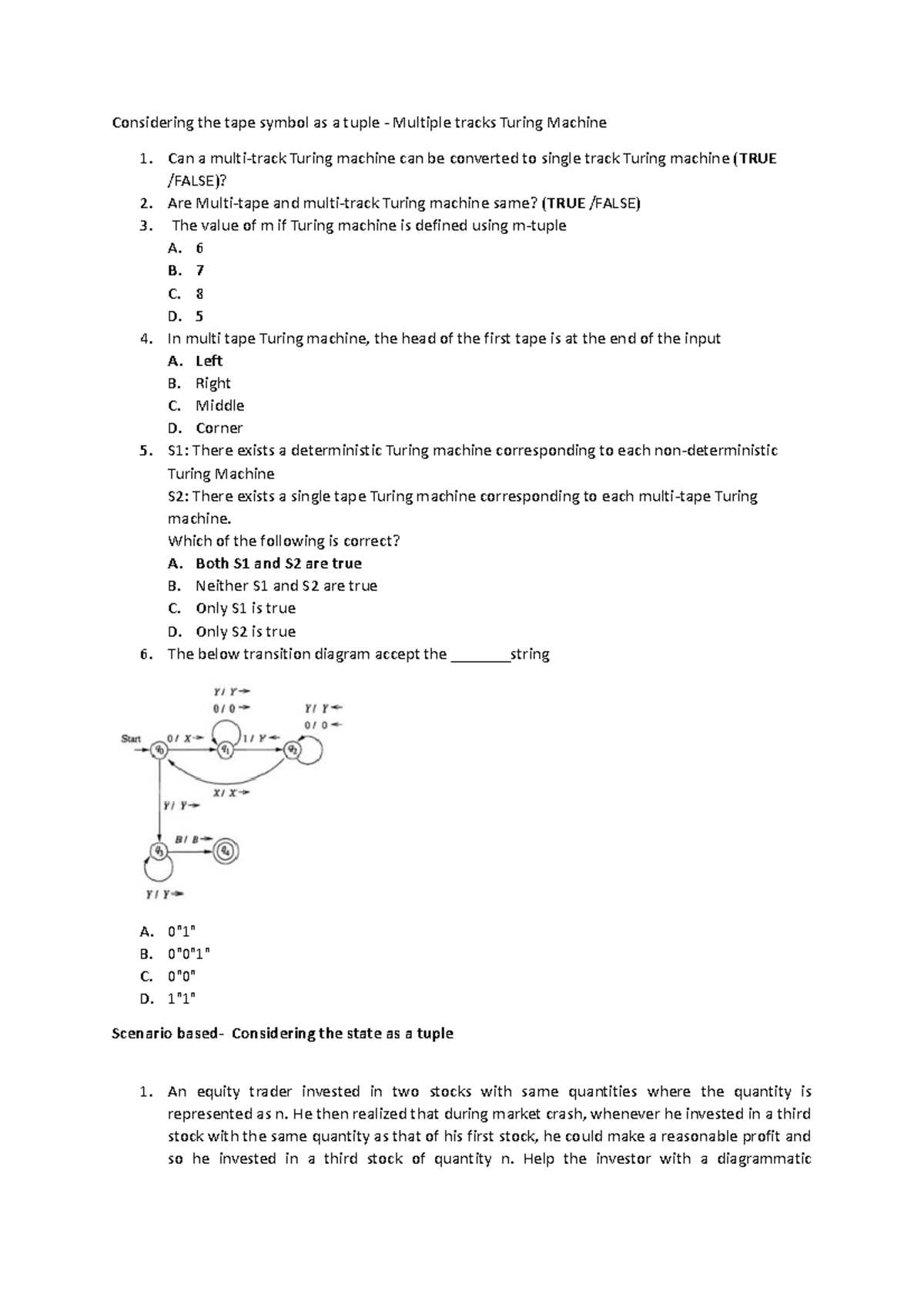 Unit -4 Work Sheet-1 - worksheet for turing machine - Considering the ...
