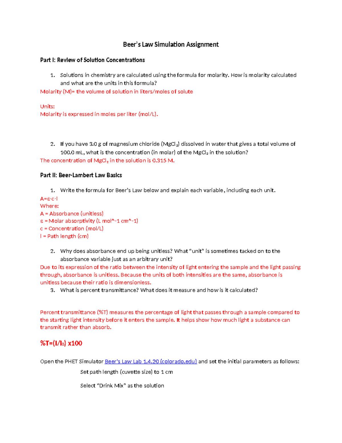 Copy of Beer's Law PHET Simulator - Beer’s Law Simulation Assignment ...