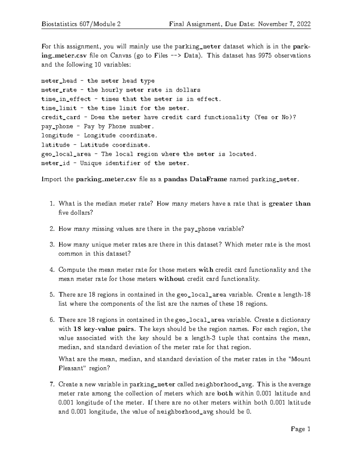 Biostat 607 2022 Final Assignment - Biostatistics 607/Module 2 Final Assignment, Due Date ...