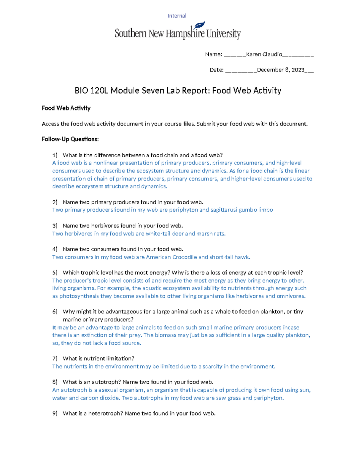 BIO 120L Module Seven Food Web Activity Lab Report Template - Internal ...