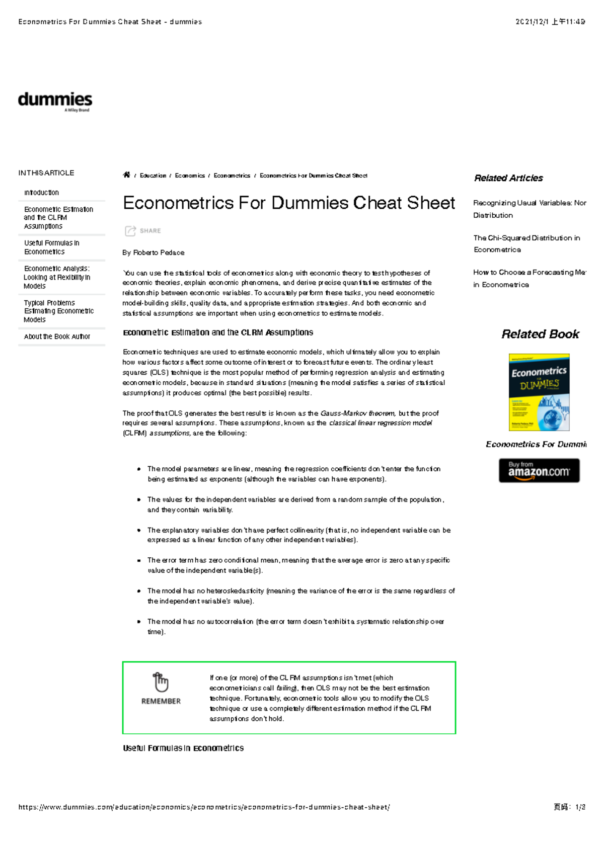 Econometrics For Dummies Cheat Sheet Dummies To Accurately Perform These Tasks You Need 