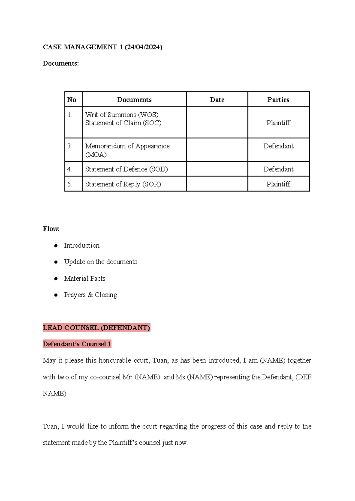 ( Sample) CASE Management Script - CASE MANAGEMENT 1 (24/04/2024 ...