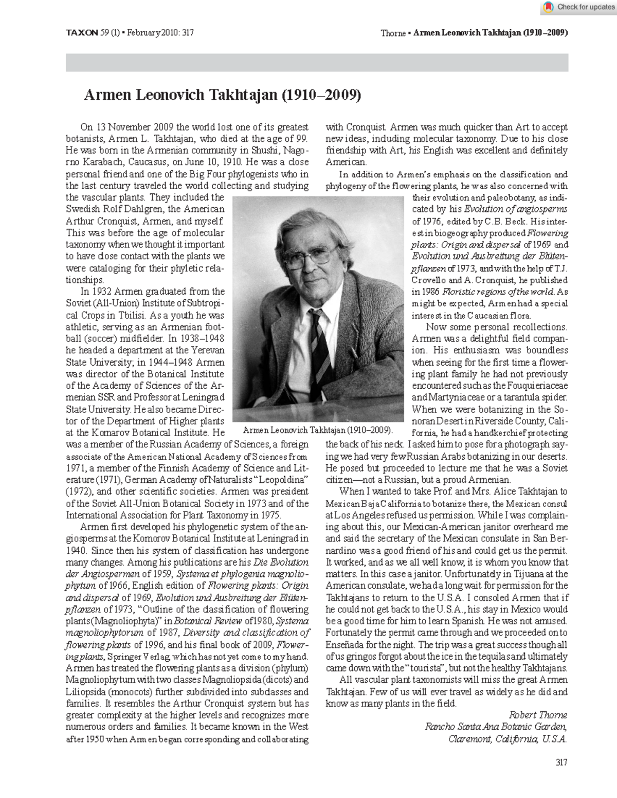 Taxon - 2010 - Thorne - Armen Leonovich Takhtajan 1910 2009 - 317 TAXON 59 (1) • February 2010: ...