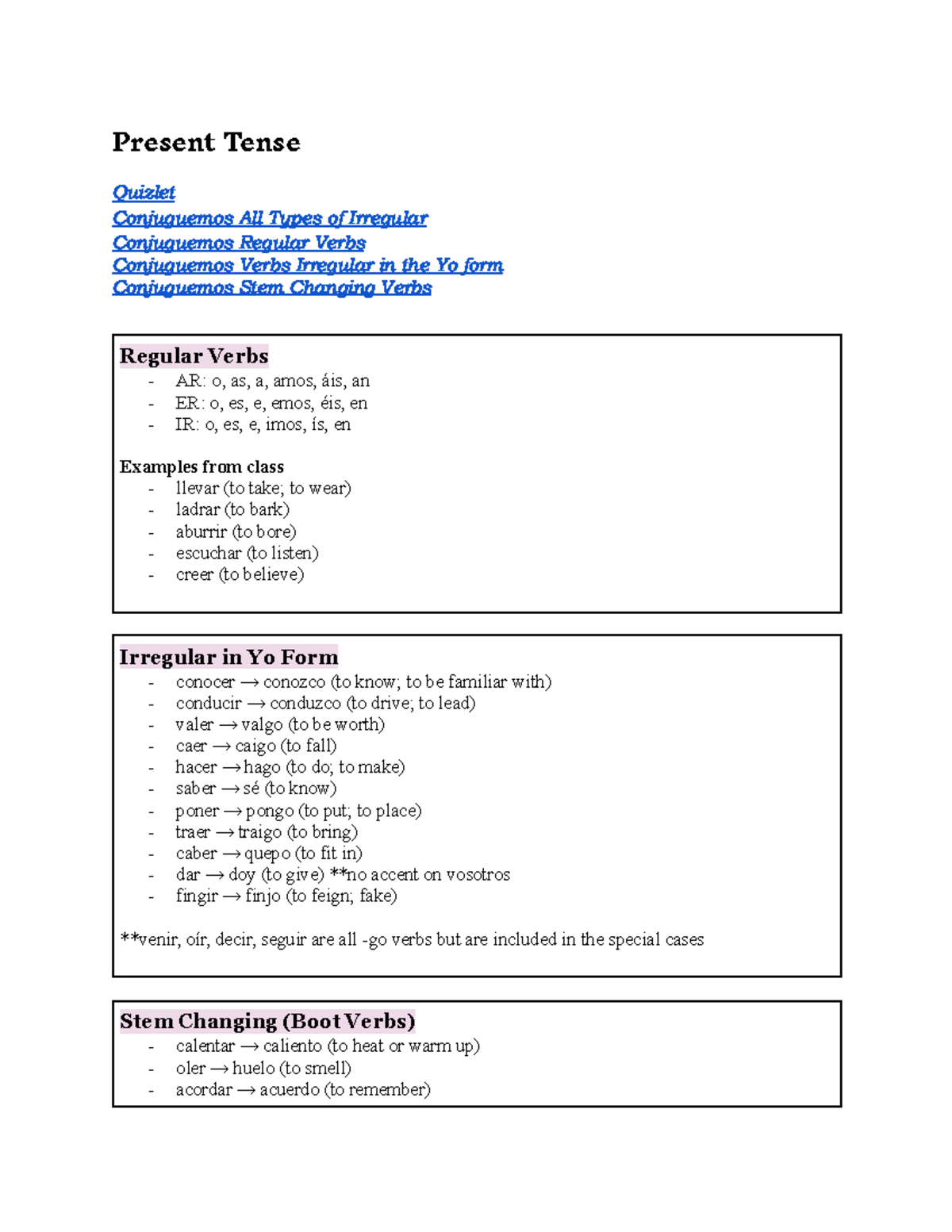 Spanish - Present Tense Study Guide - Present Tense Quizlet Conjuguemos ...