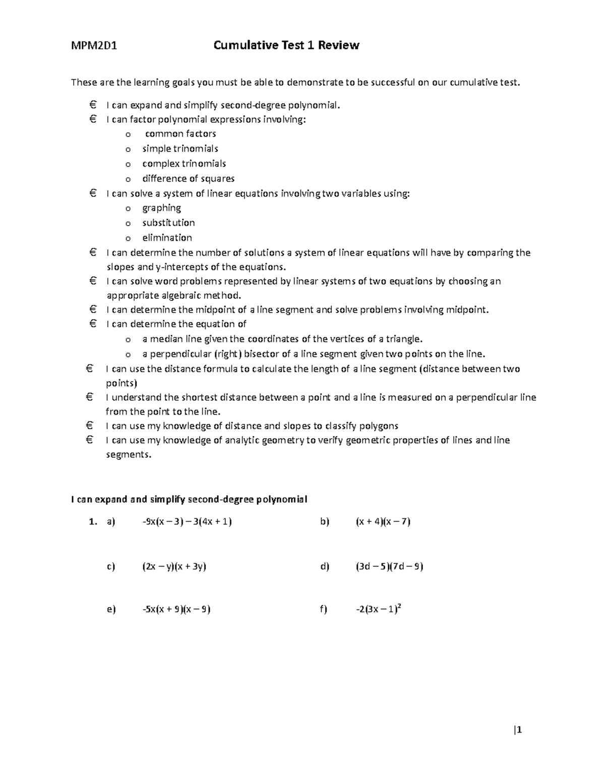 2D Cumulative Test 1 Review U1&2 - These are the learning goals you ...