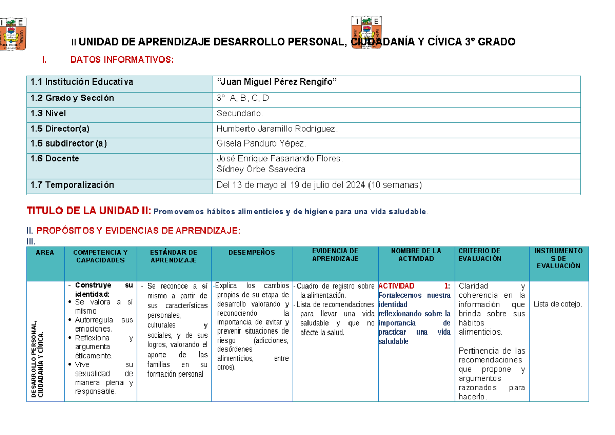 II Unidad DE Aprendizaje DPCC 3° - II UNIDAD DE APRENDIZAJE DESARROLLO PERSONAL, CIUDADANÍA Y ...