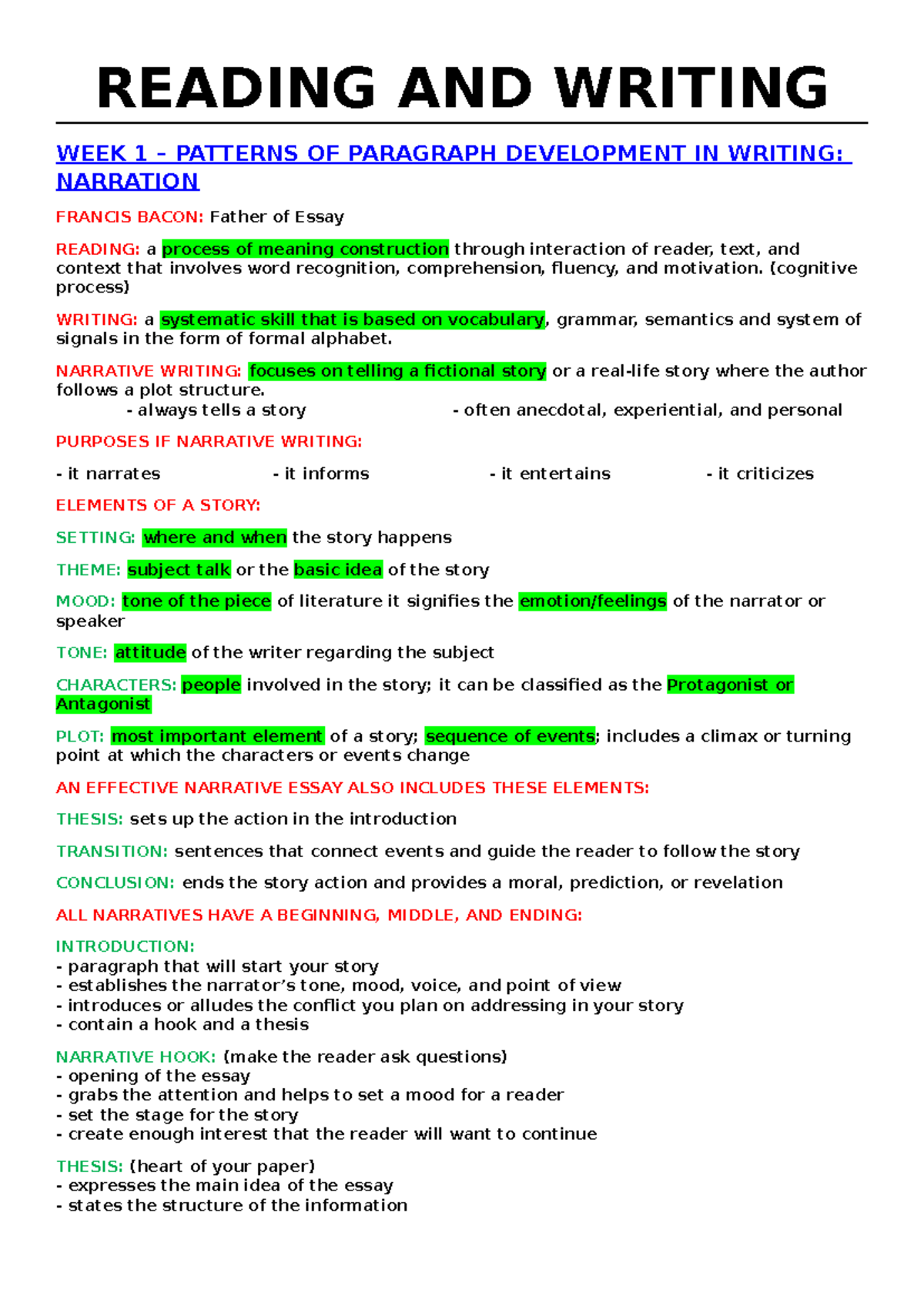 Reading-and-Writing - READING AND WRITING WEEK 1 – PATTERNS OF ...