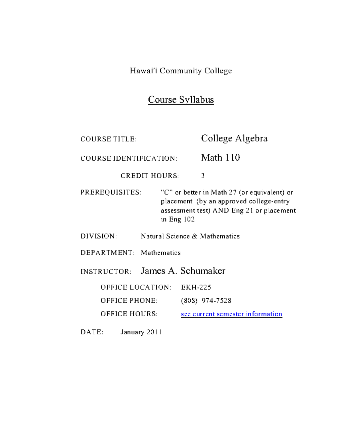 Syllabus college algebra - Hawai'i Community College Course Syllabus ...