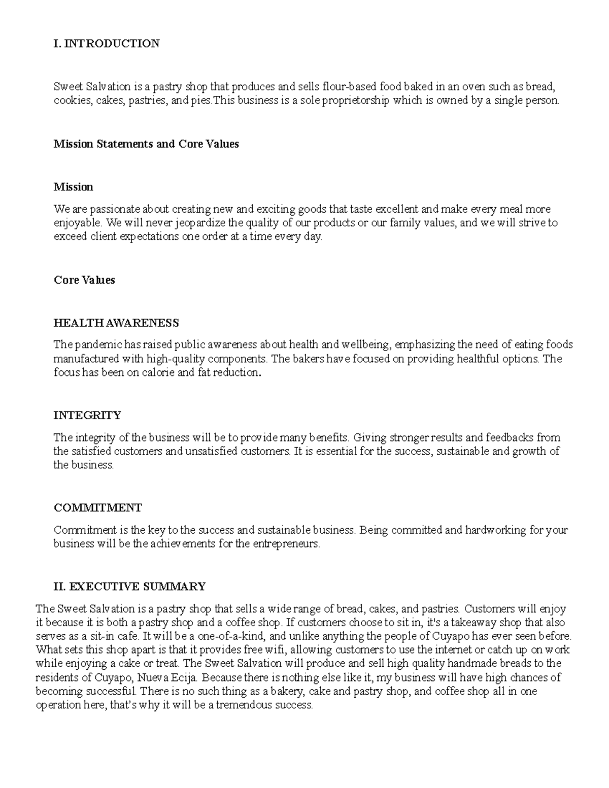 Business PLAN - I. INTRODUCTION Sweet Salvation is a pastry shop that ...
