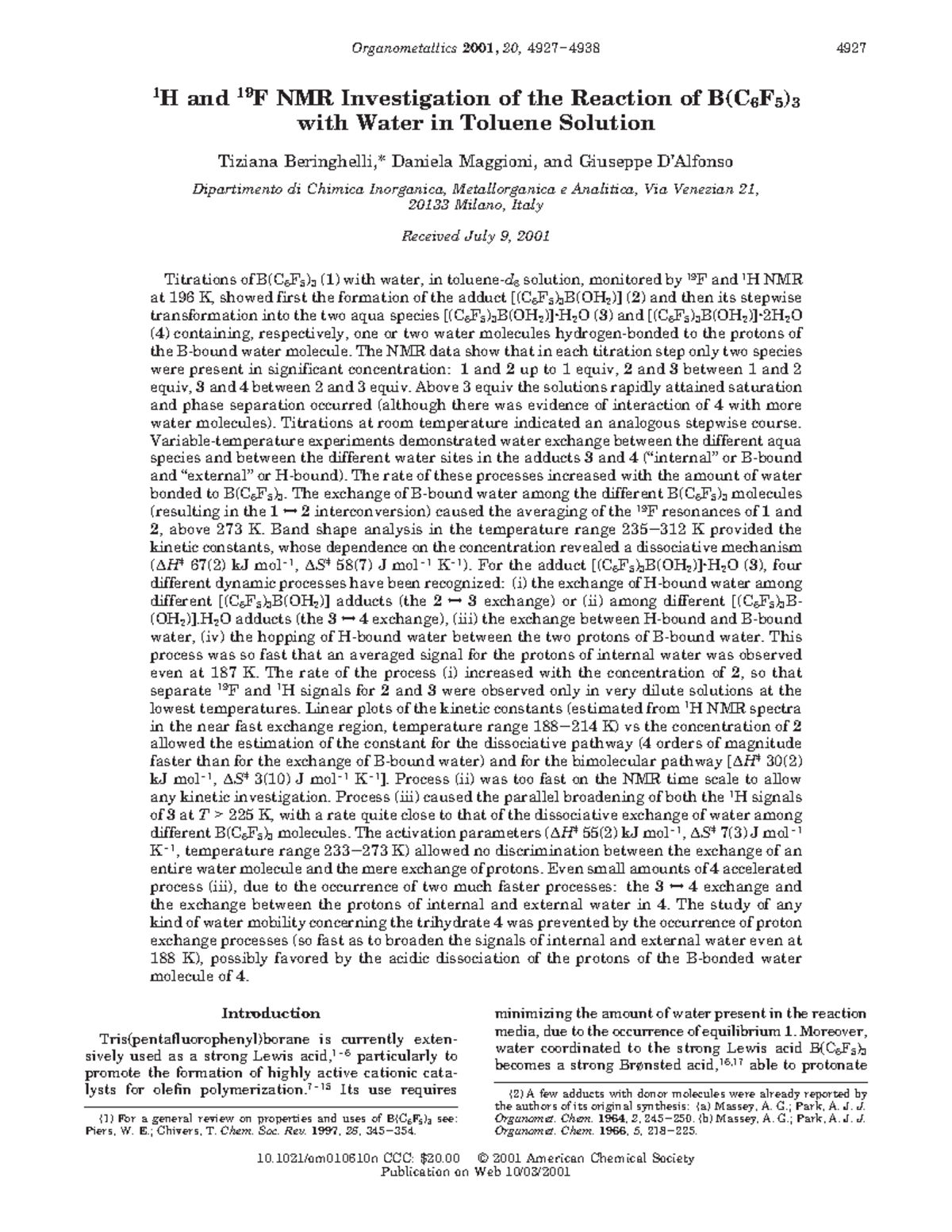 B(C6F5)3 with water (19F NMR) - 1 H and 19 F NMR Investigation of the ...