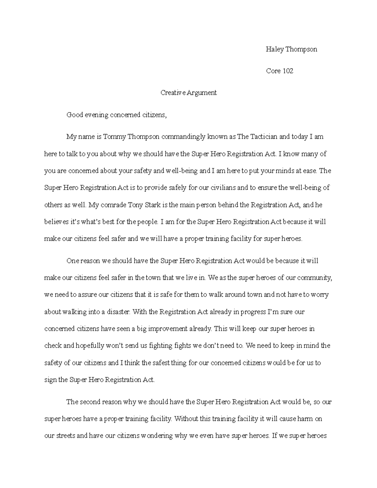Creative Arguement Essay - Haley Thompson Core 102 Creative Argument ...