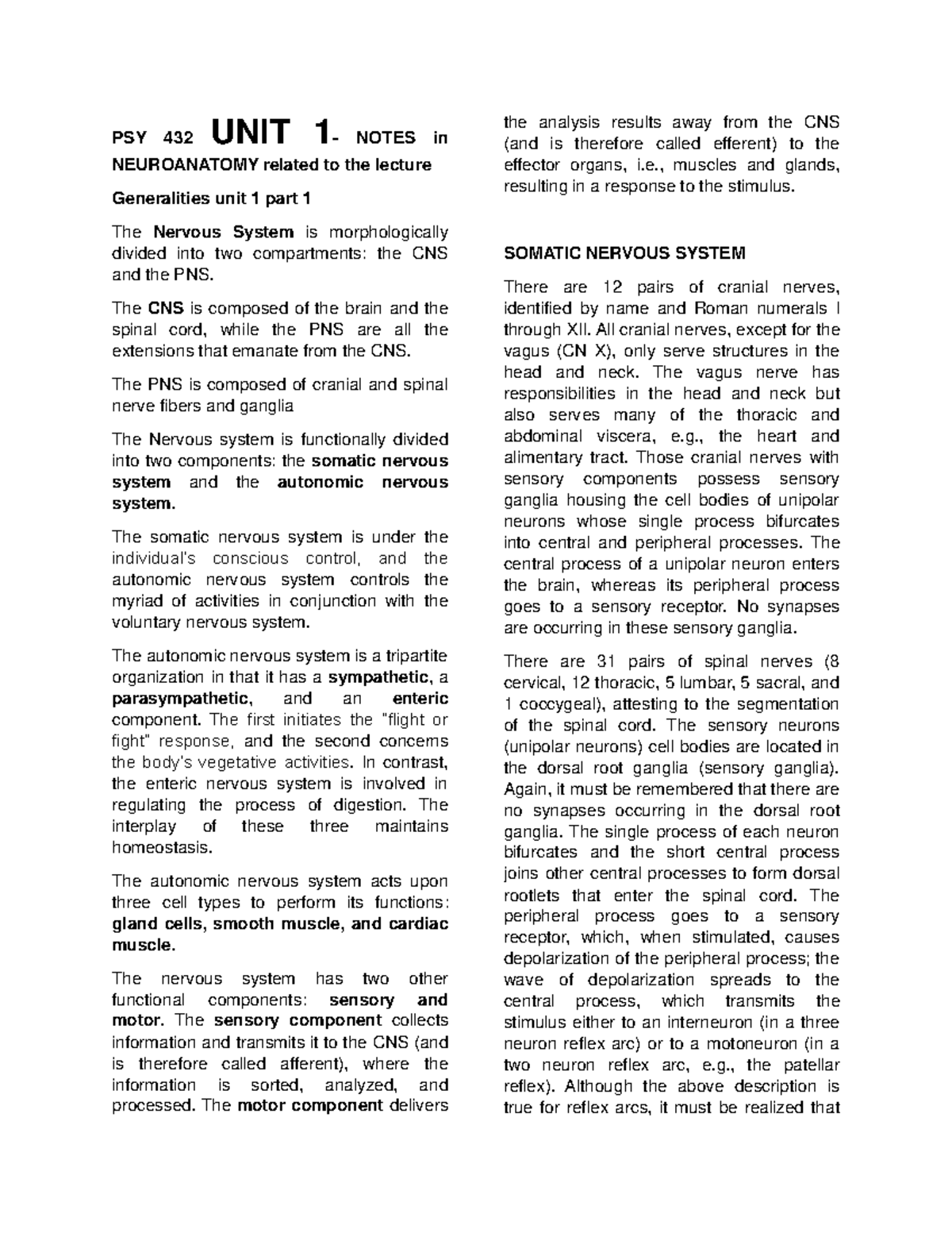 PSY 432 UNIT 1 Notes ON Neuroanatomy related to lecture - PSY 432 UNIT ...