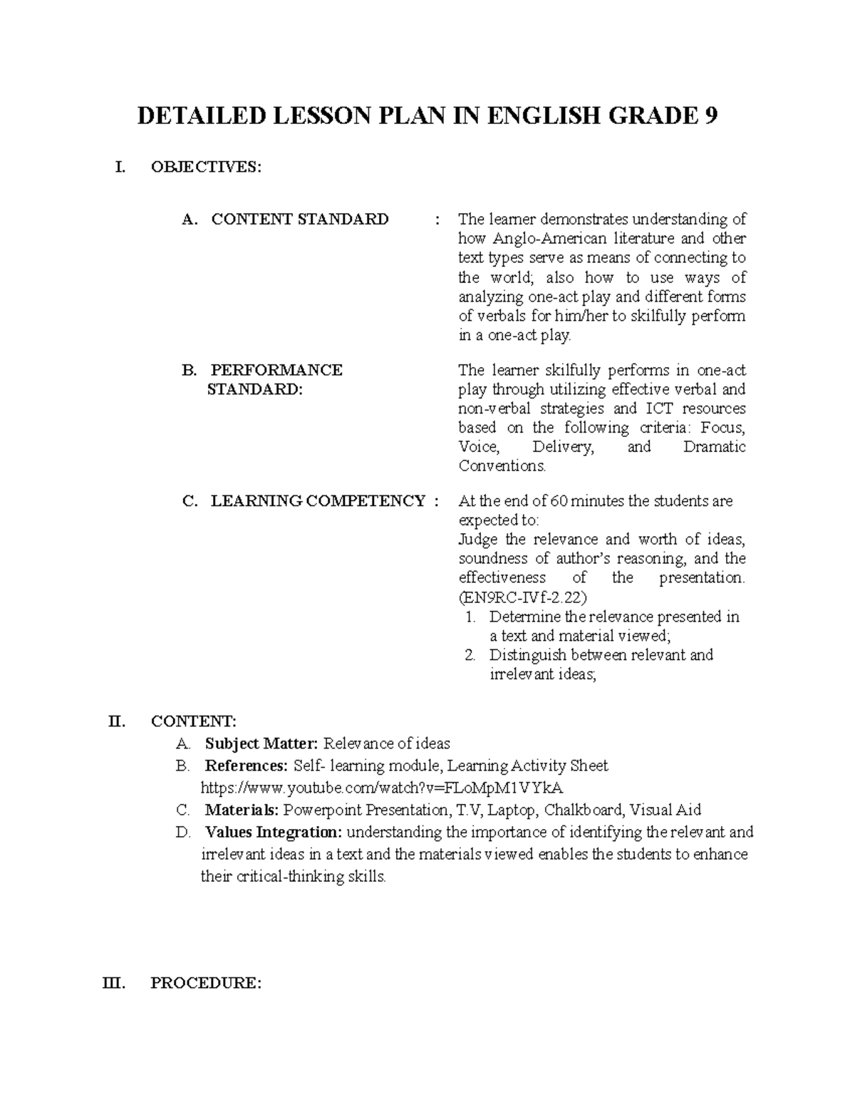 Relevance OF ONE'S IDEA (Q4-W1-M1) - DETAILED LESSON PLAN IN ENGLISH ...