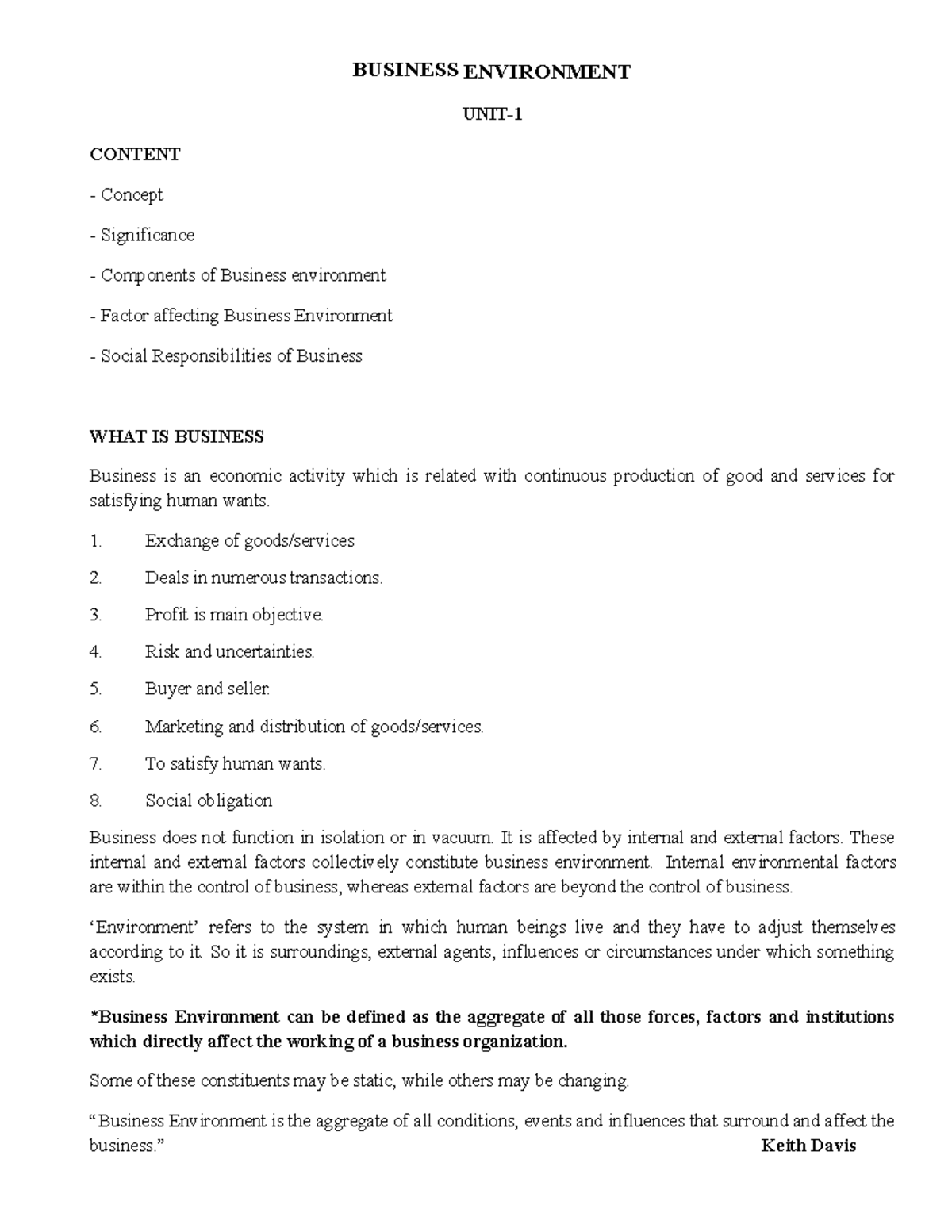 Business Environment notes - BUSINESS ENVIRONMENT UNIT- CONTENT ...