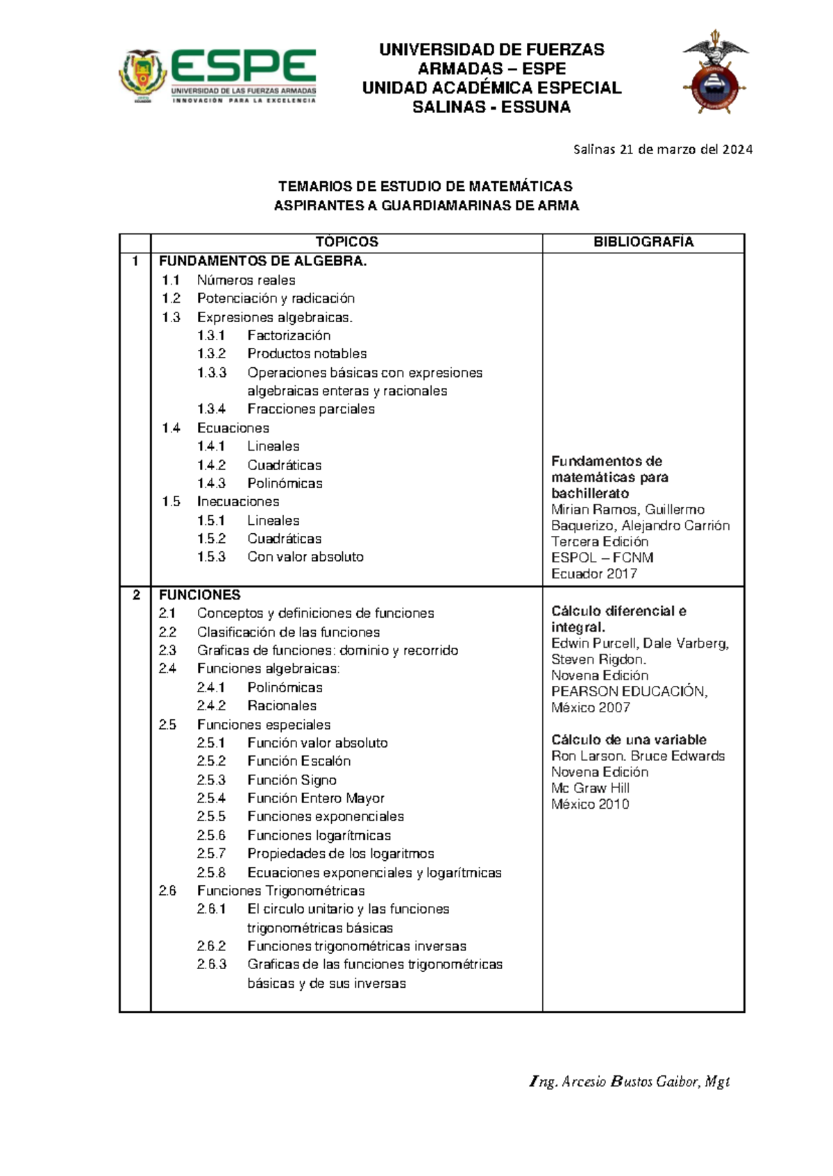1. Temarios de matemáticas revisados EML - UNIVERSIDAD DE FUERZAS ARMADAS – ESPE UNIDAD ...
