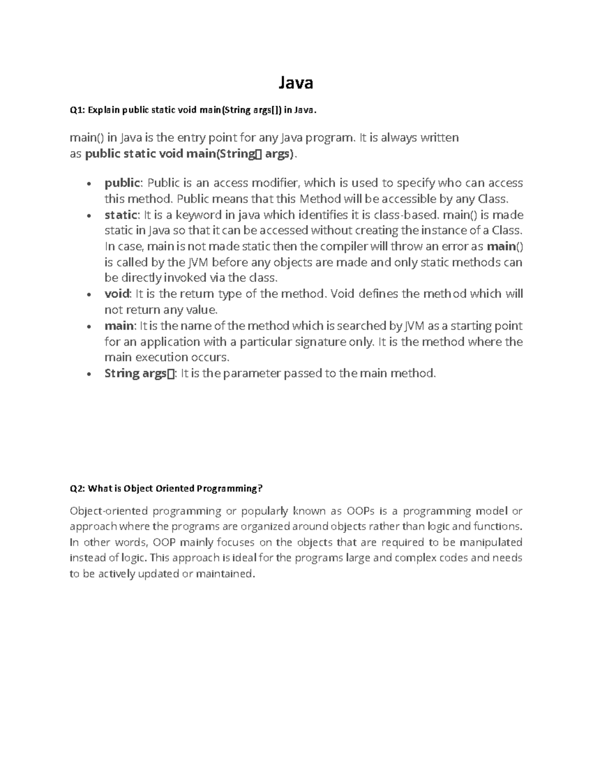Midterm-I Exam Practice Question and Solution - Java Q1: Explain public static void main(String ...