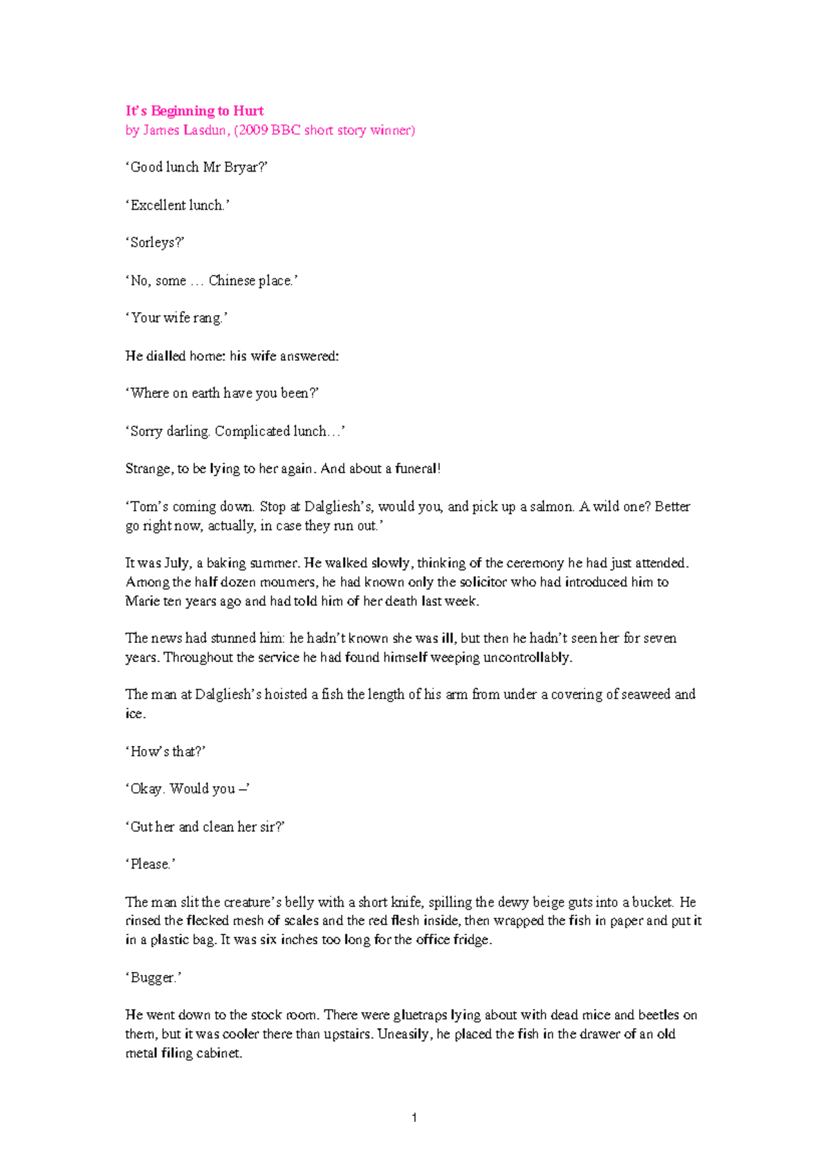 James Lasdun It's Beginning to Hurt - 1 It’s Beginning to Hurt by James ...