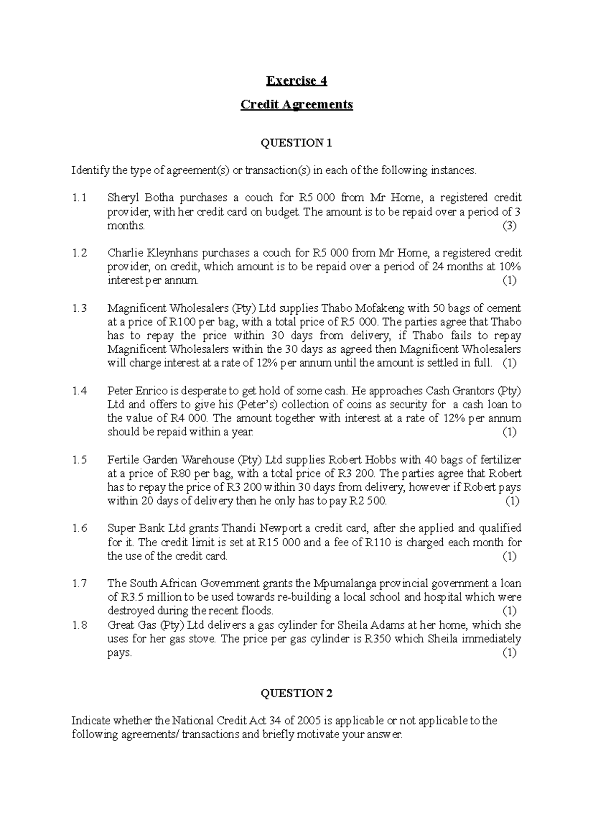 Exercise 4 - Credit Agreements - Exercise 4 Credit Agreements QUESTION ...