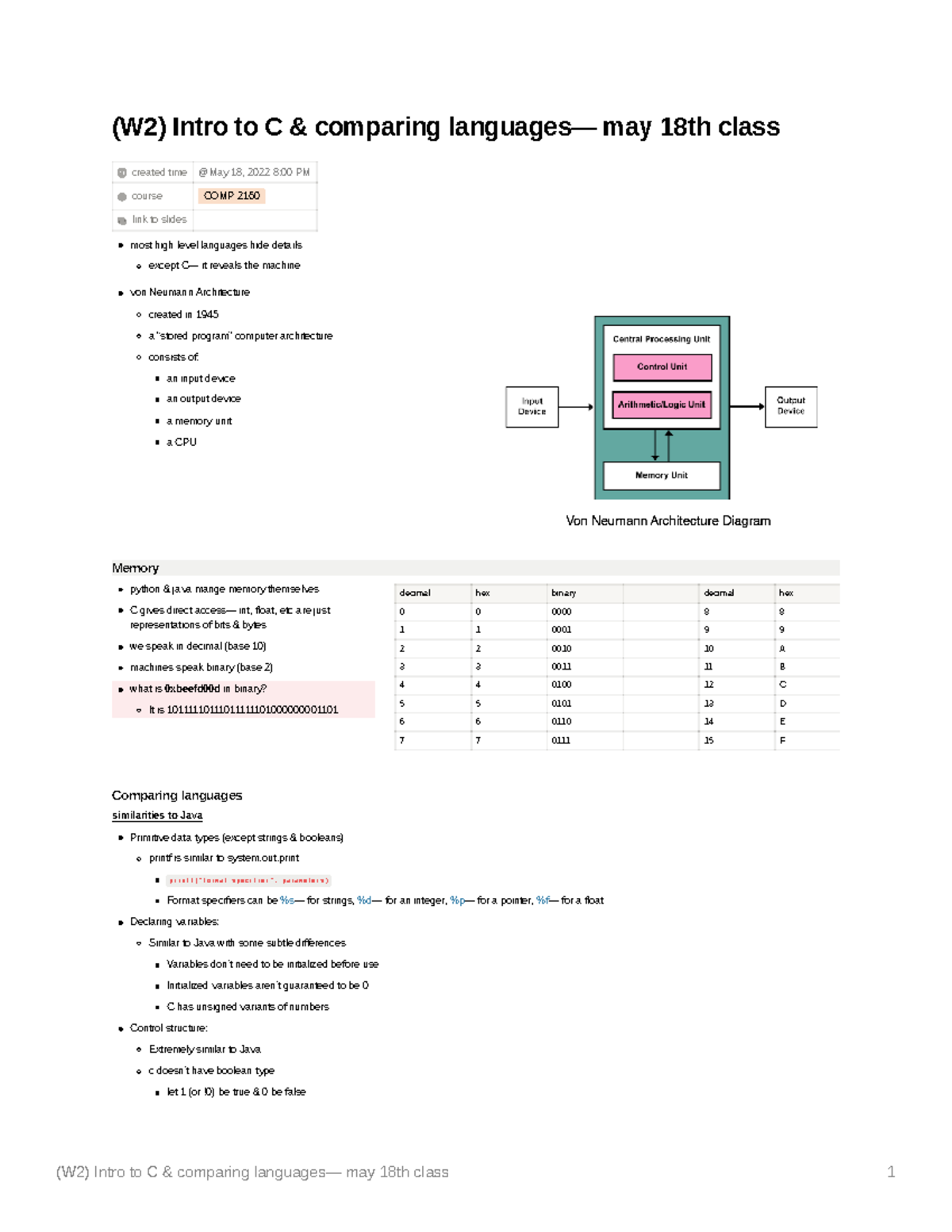 (W2) Intro to C comparing languages may 18th class - (W2) Intro to C ...