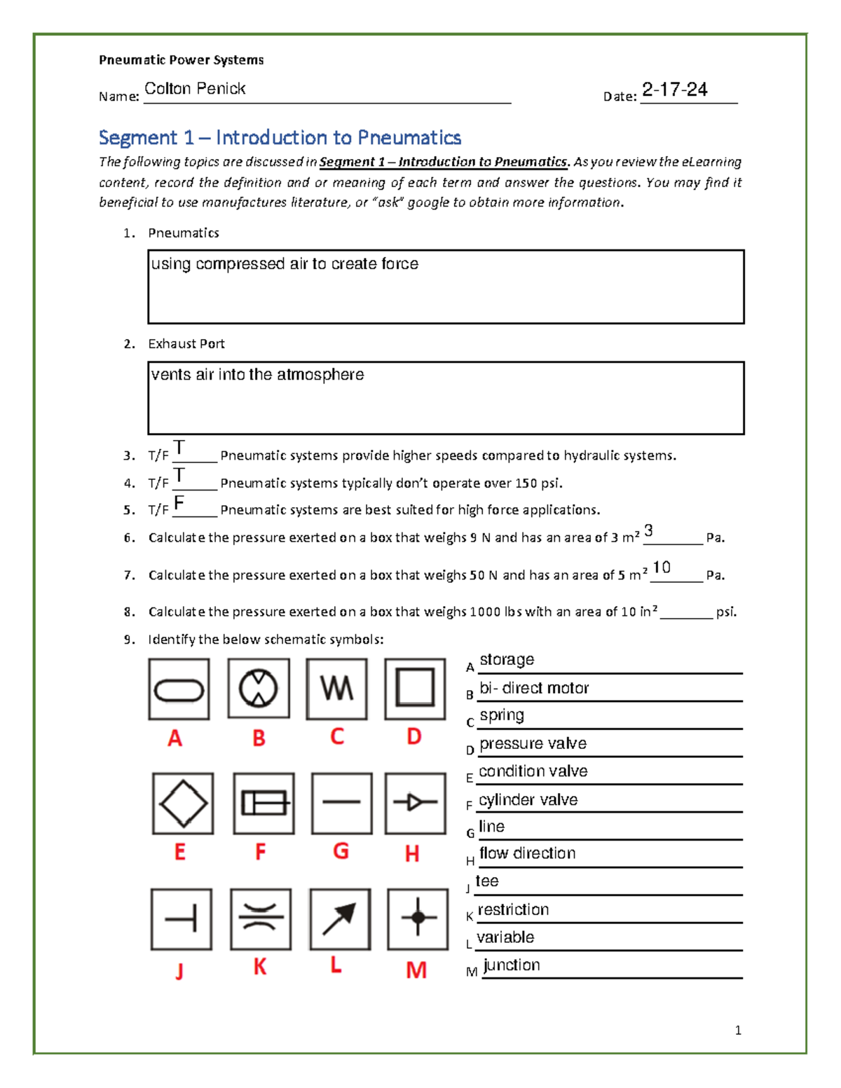 A09 Worksheet - Pneumatic Power Systems Penick - Name: - Studocu