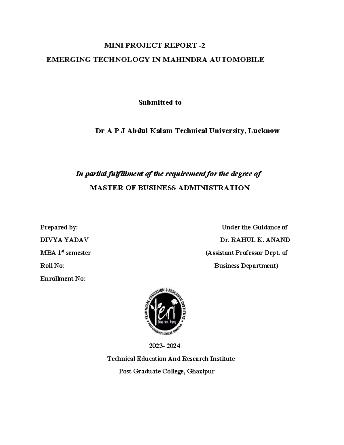 Mahindra automobile - MINI PROJECT REPORT - EMERGING TECHNOLOGY IN ...